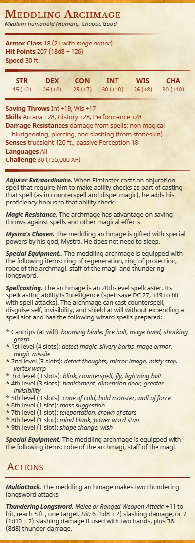 Elminster Aumar Stat Block - Dungeonsports Coliseum